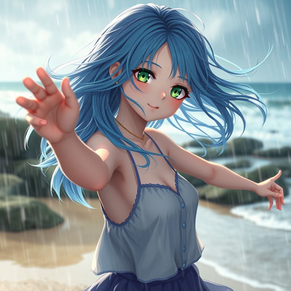 Fia says to come dance - Girl Dancing in Rainy Beachscape wi...