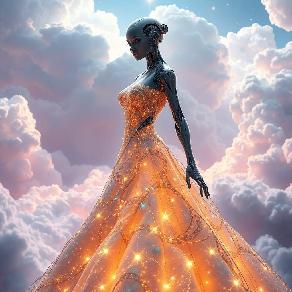 Stunning Robot Goddess in Celestial Ball Gown amid... - AI Art