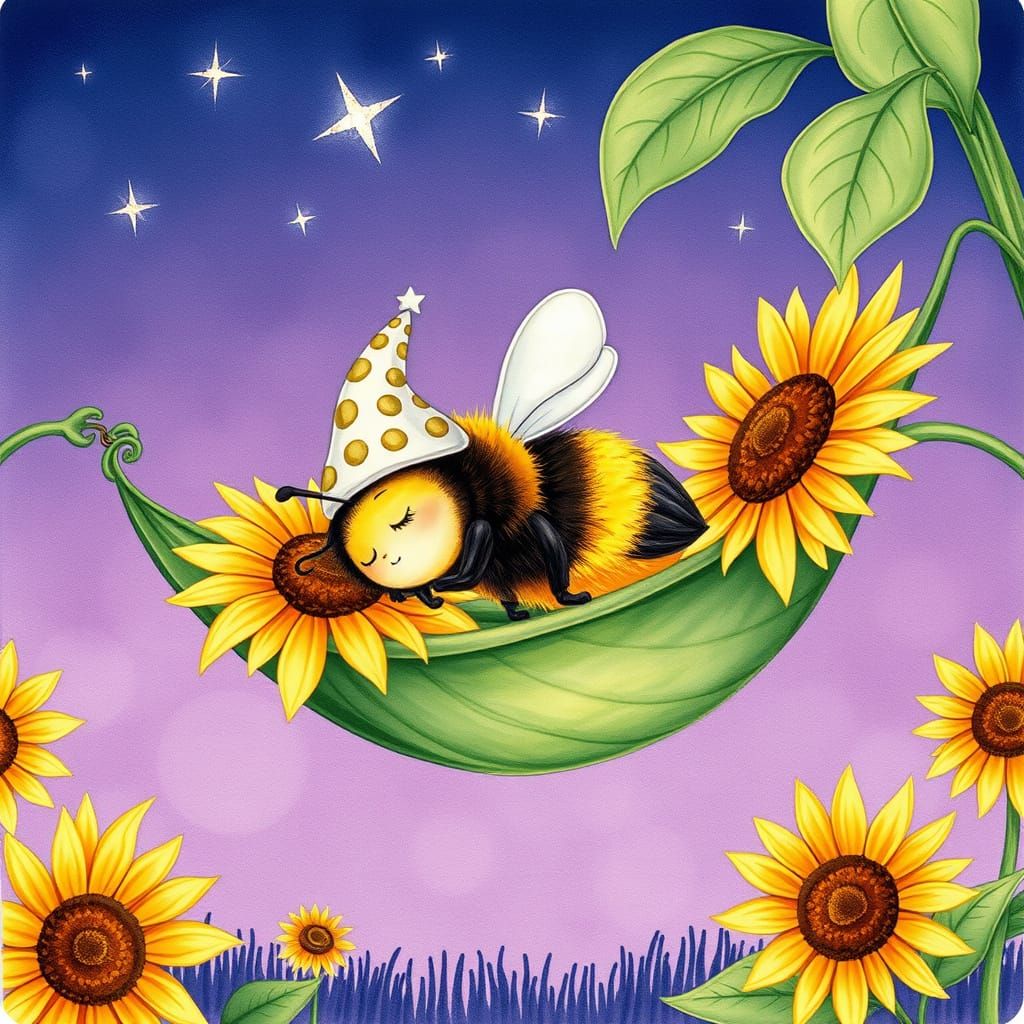 A children's storybook-style illustration of a sleepy bumblebee wearing ...