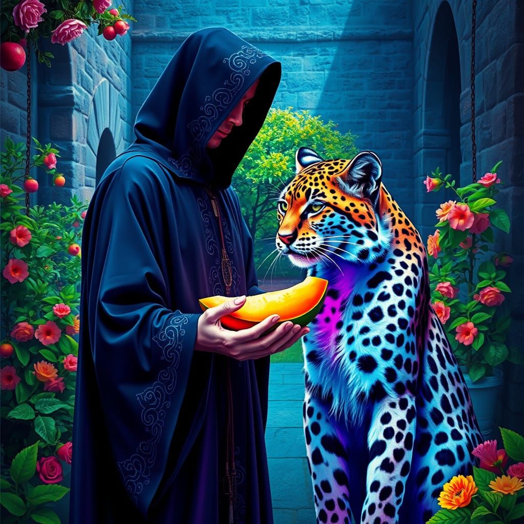 Grotesque Caricature in Vibrant Day-Glo Courtyard ... - AI Art