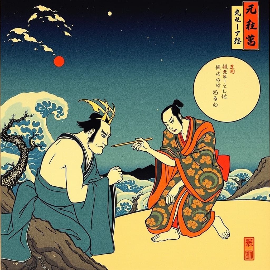 Luta entre um oni e um yokai. Arte japonesa tradicional. Ukiyo-e. kintsugi