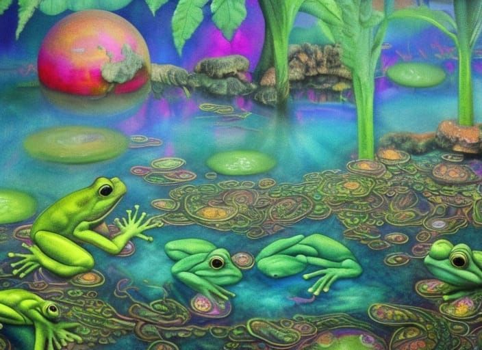hallucinogenic frogs in a pond - AI Generated Artwork - NightCafe Creator