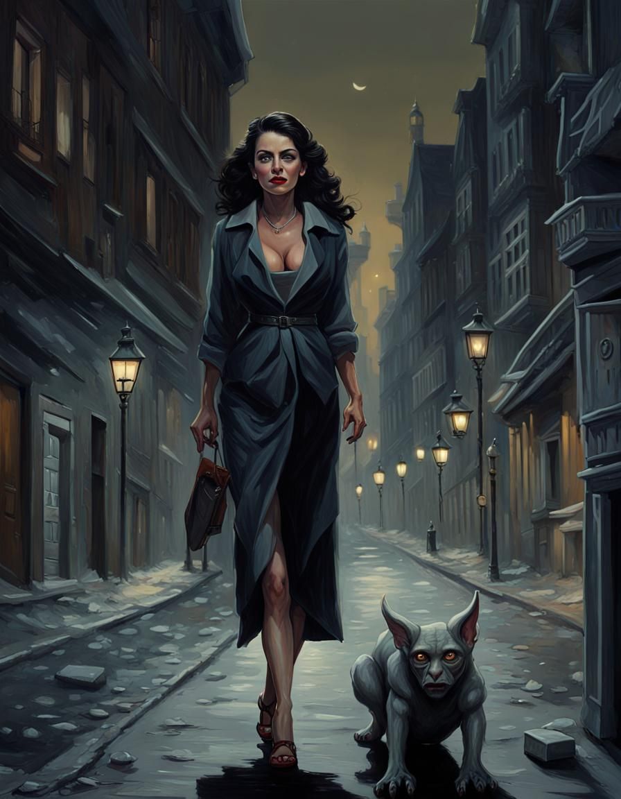 A beautiful dark-haired woman and a gargoyle walk down a dingy city ...
