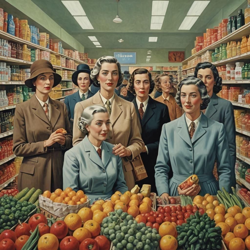 women gathered in a grocery store : heightened use of color, 3D, texture, faces, normal beauty ...