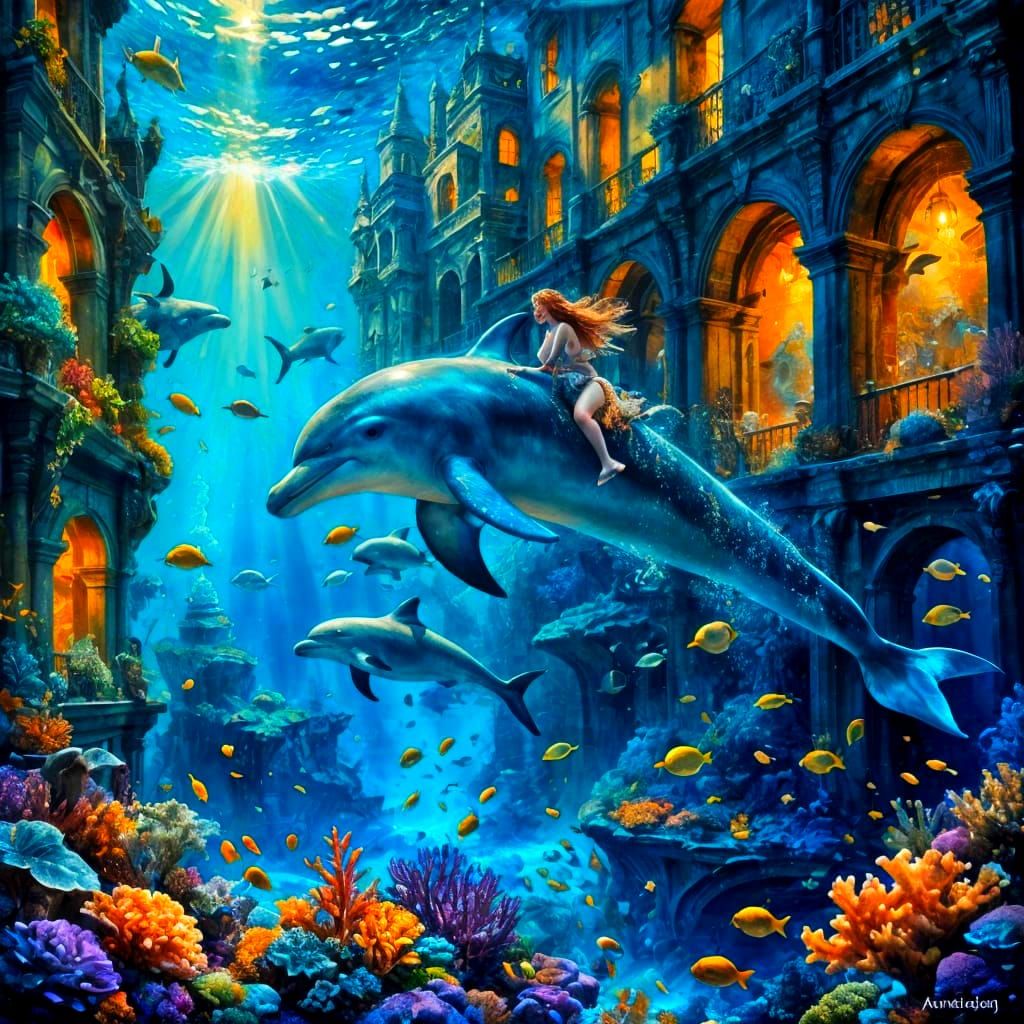 Atlantis - Woman Rides Dolphin Through Atlantis: Alcohol Ink...