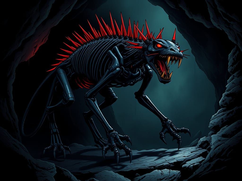 Mechanical Horror Creature in Dark Cave - AI Art