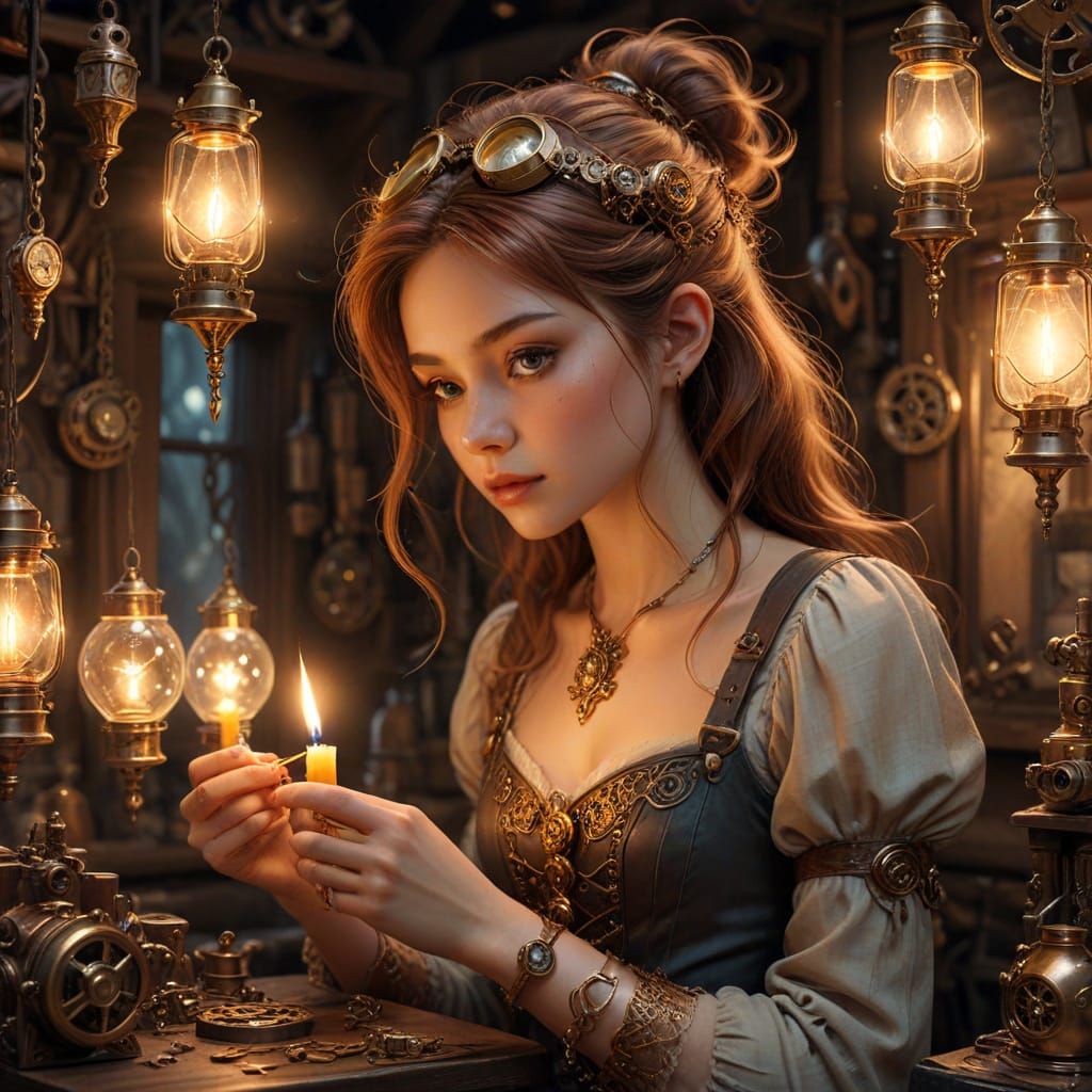 Whimsical Pixie Inventor in Steampunk Workshop - AI Art