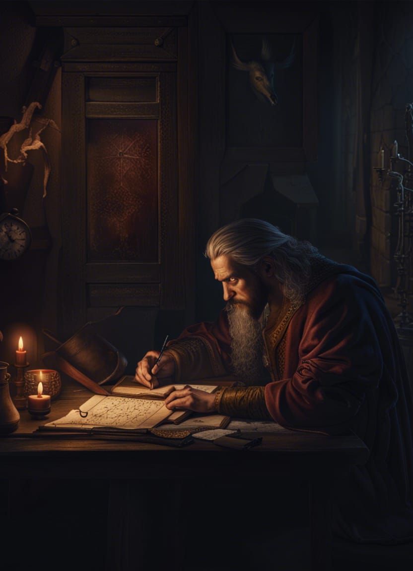 4th profile, medieval cultist in dank prison cell, sits at desk writing ...