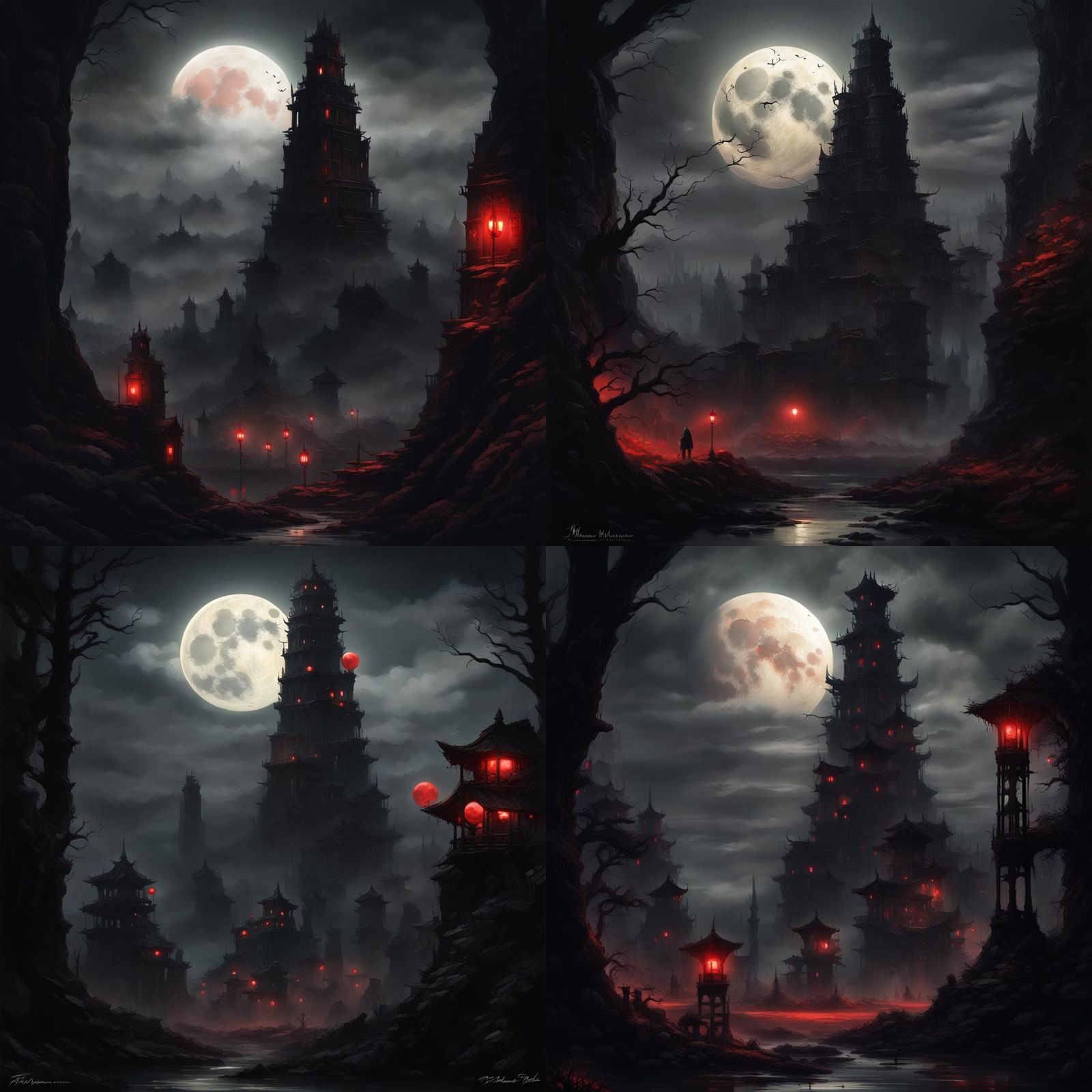 Highlight the mysterious and shadowy atmosphere while incorporating two ...