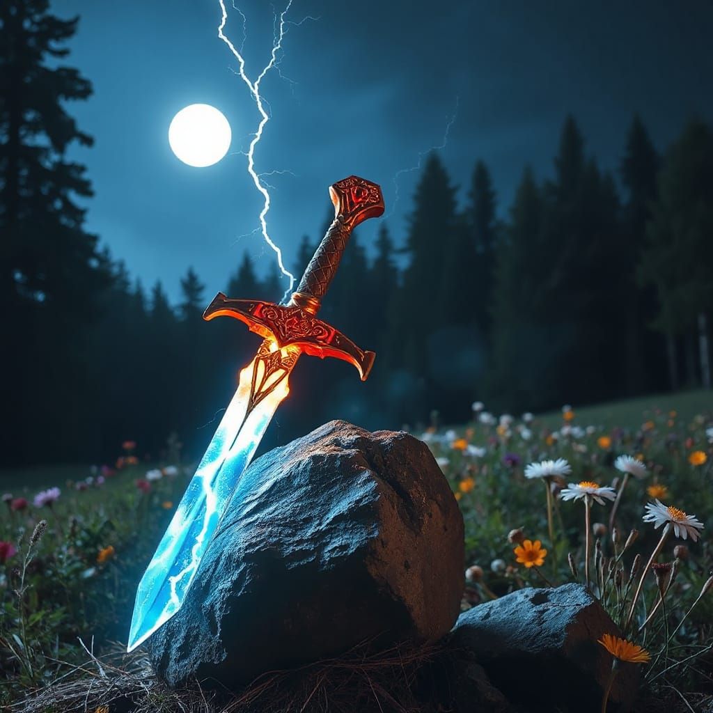 Ethereal Sword of Balance Shines Under Moonlight - AI Art