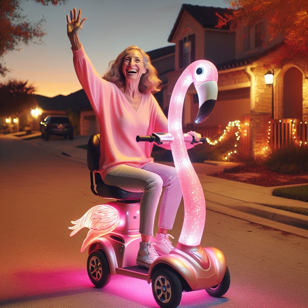 A cheerful woman rides a glowing pink flamingo-shaped mobility scooter ...