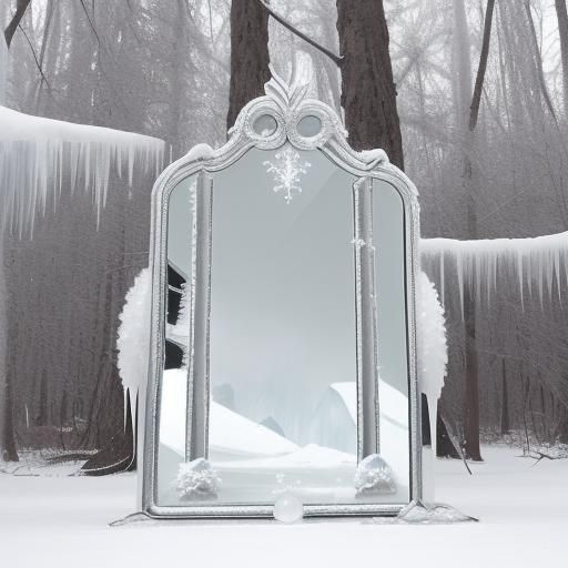 Larga vintage mirror made of snow and ice, design of elegant lines, in the middle of the forest ...
