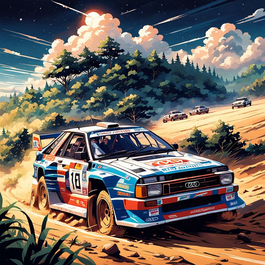 Audi Quattro rally racing on sandy track, Studio Ghibli, Anime Key ...