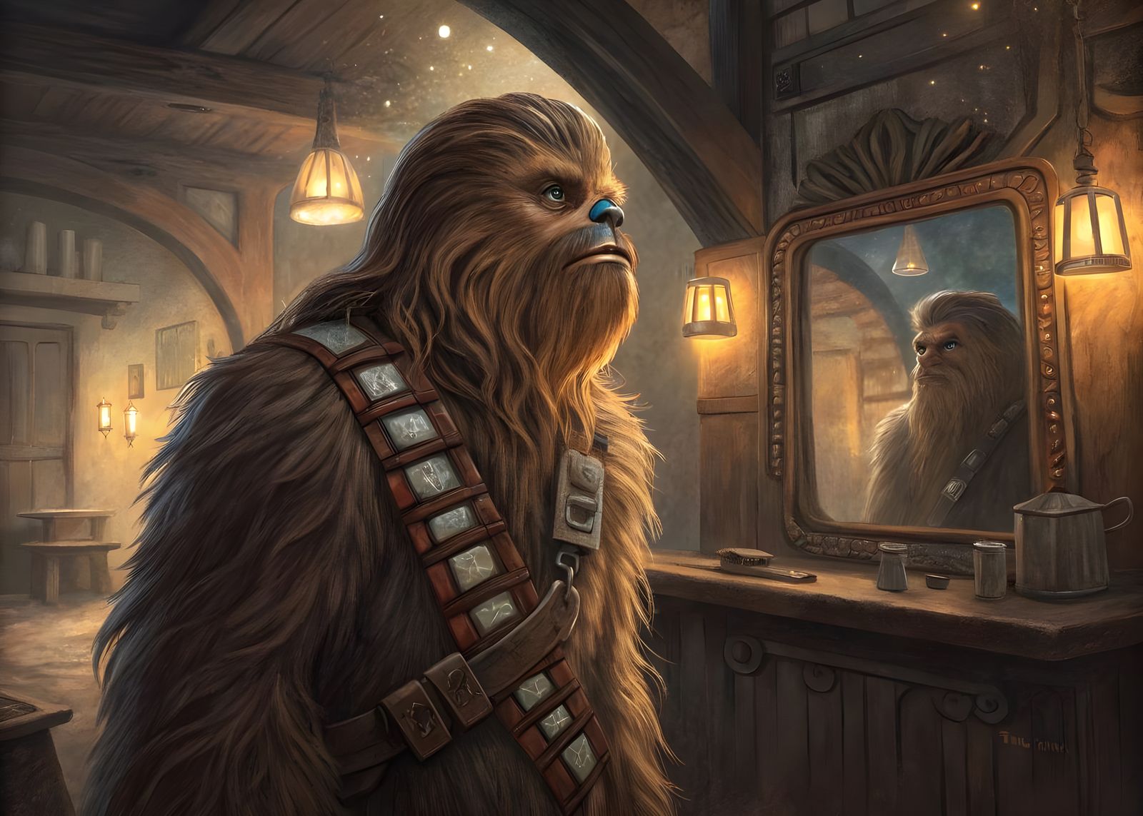 Create a picture of Wookie Chewbaka from Star Wars looking into a ...