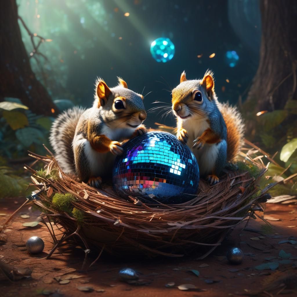 a broken disco ball sitting on the ground, a nest inside of the disco ...