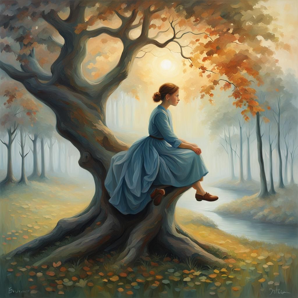 Girl sits on tree, eburnean_colour palette
