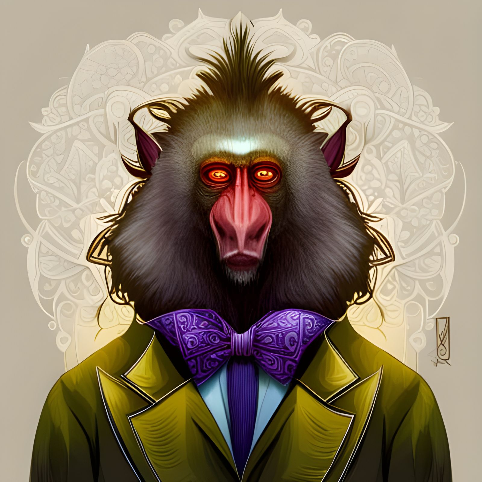 Simian the Mandrill Baboon Monkey In Purple Bowtie - AI Generated ...