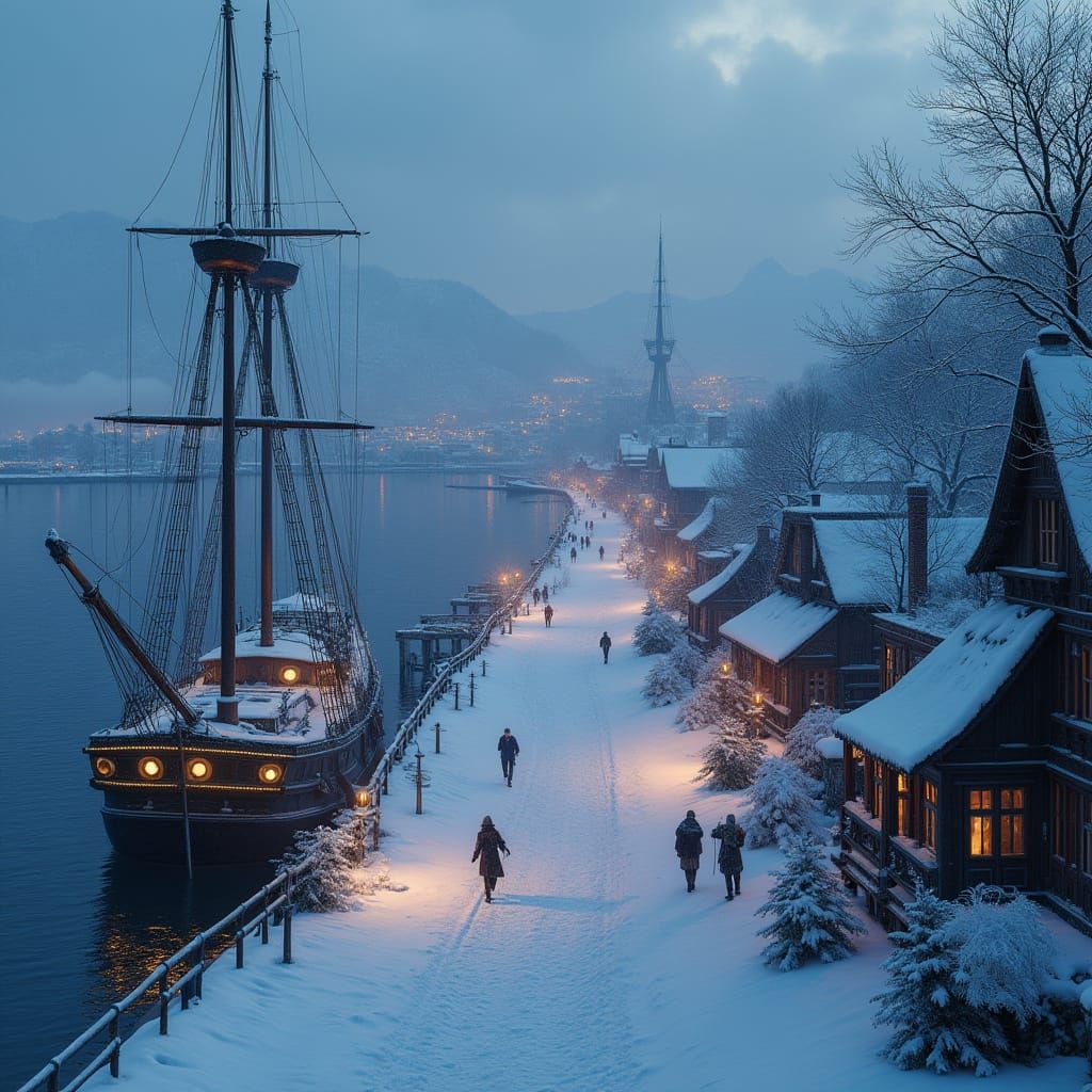 Snowy Harbor at Dusk in a Fantastical Winter Wonde... - AI Art