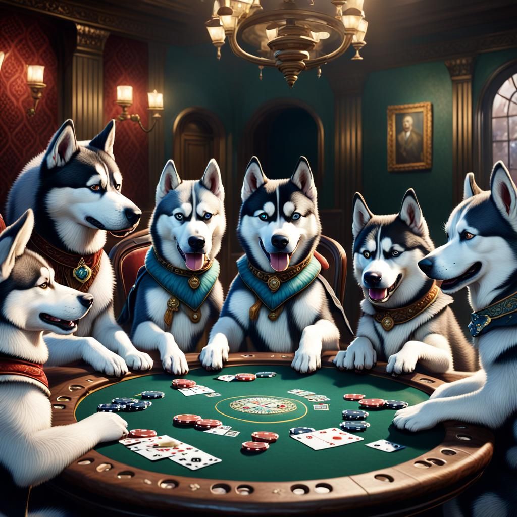 7 husky dogs playing poker around a table in the style of Cassius ...