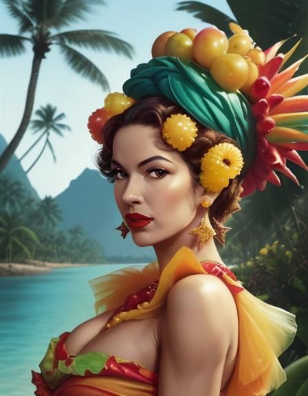 Carmen Miranda with her fruit turban on a Island Oasis. Chica chica ...