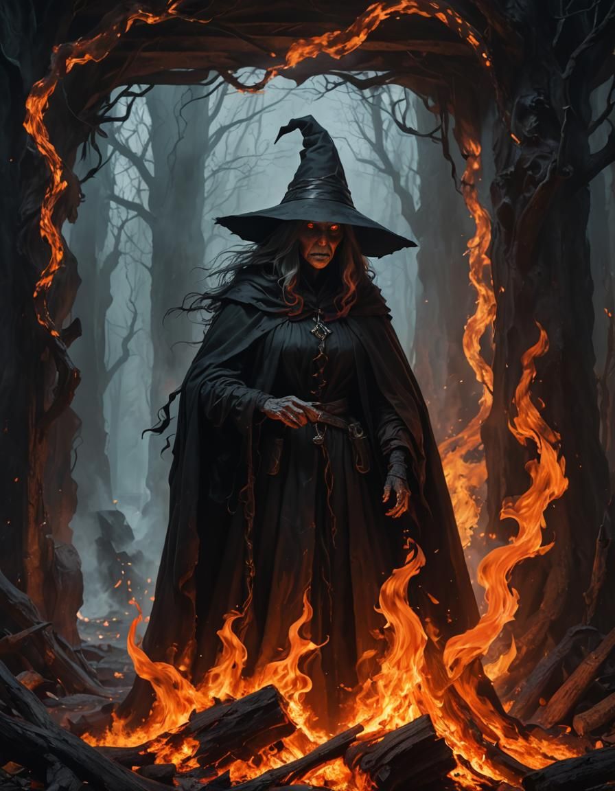 Fiery Witch Confronts the Storm in a Fierce Battle... - AI Art