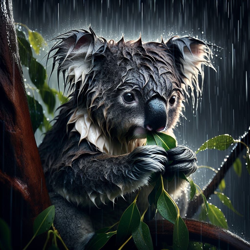 A rain-soaked Koala sitting in the pouring rain eating eucalyptus leaves.