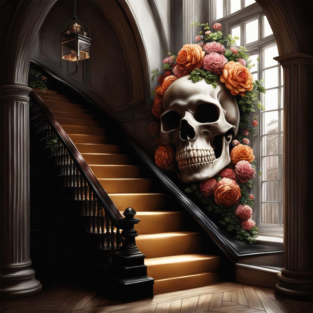 A hypereallistic skull with a staircase, flowers, and light. This ...