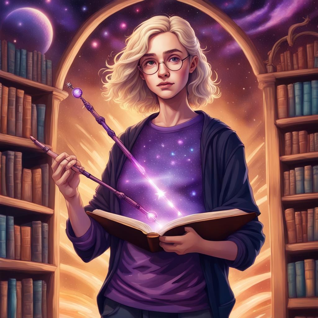 Librarian with blond hair and with purple and gold shirt, pants, and ...