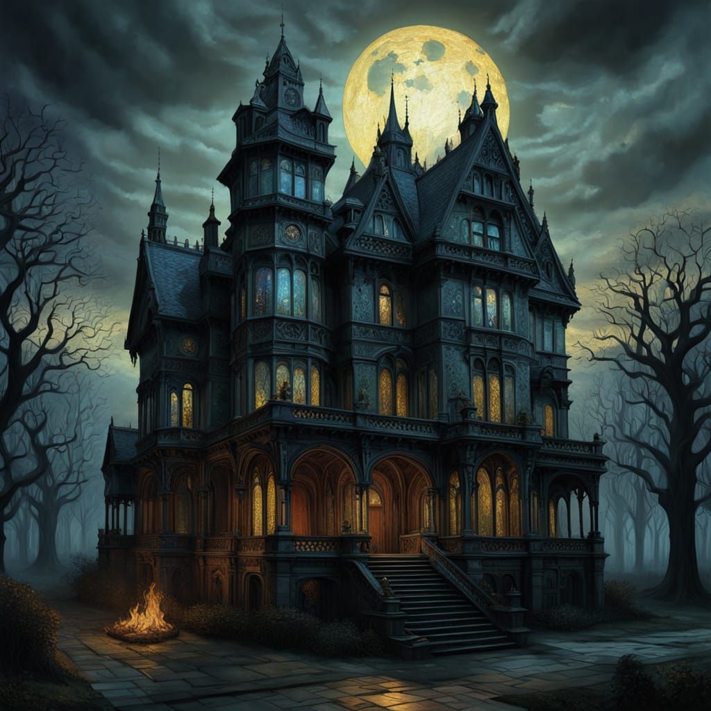 Ethereal Victorian Mansion in Haunting Twilight - AI Art