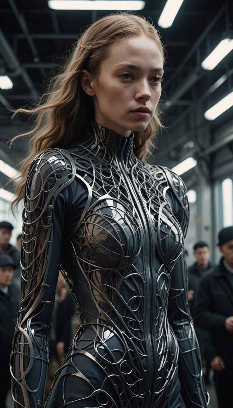 The light-skinned model is dressed in an avant-garde bodysuit inspired ...