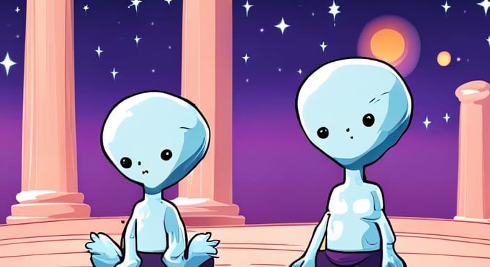 little gray man alien sitting criss-cross in front of columns with ...