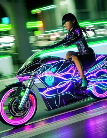 Downtown Osaka, Lovecraftian Eldritch Alien girl riding Intricate bioluminescent translucent ...