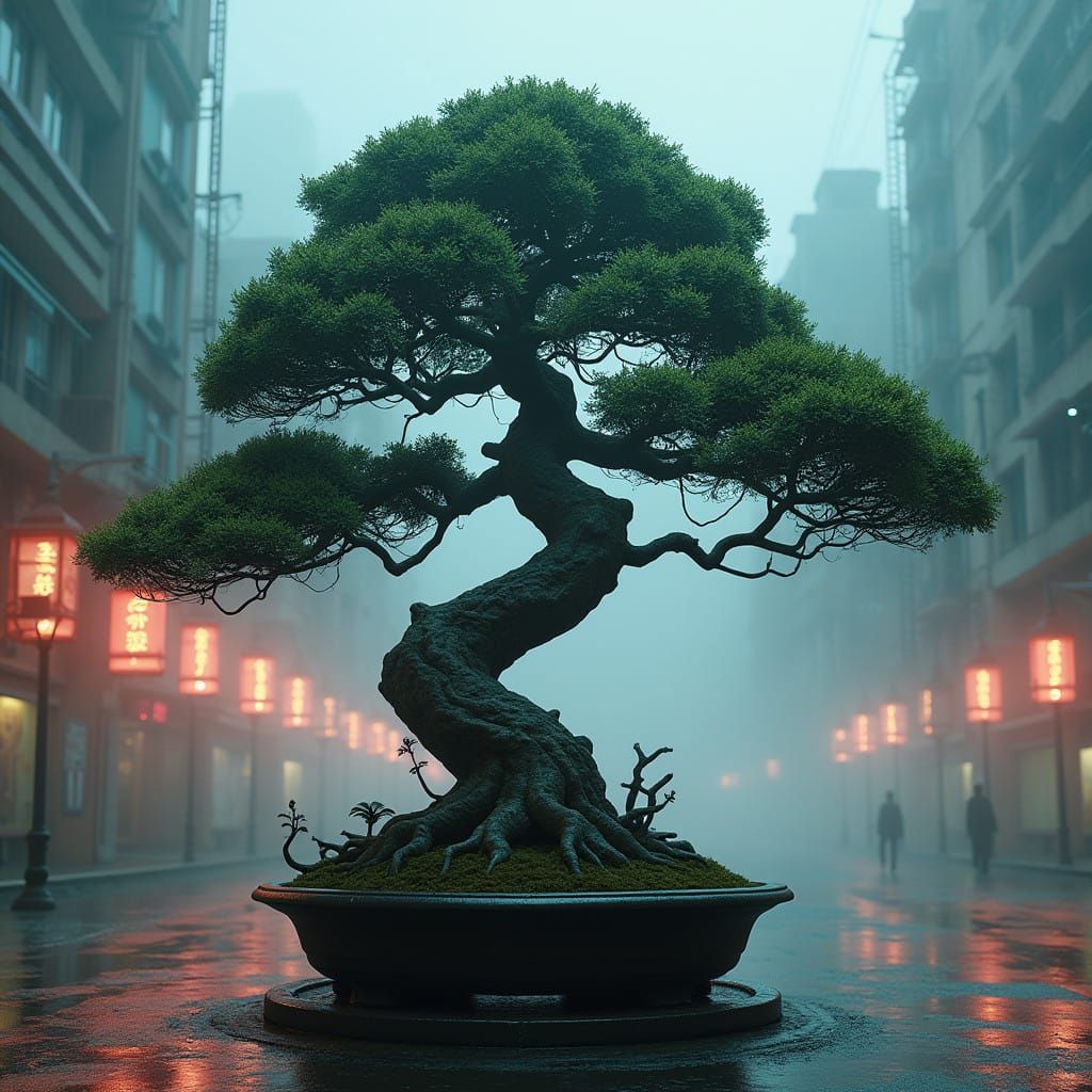 Cyberpunk Bonsai Tree in a Futuristic Cityscape.