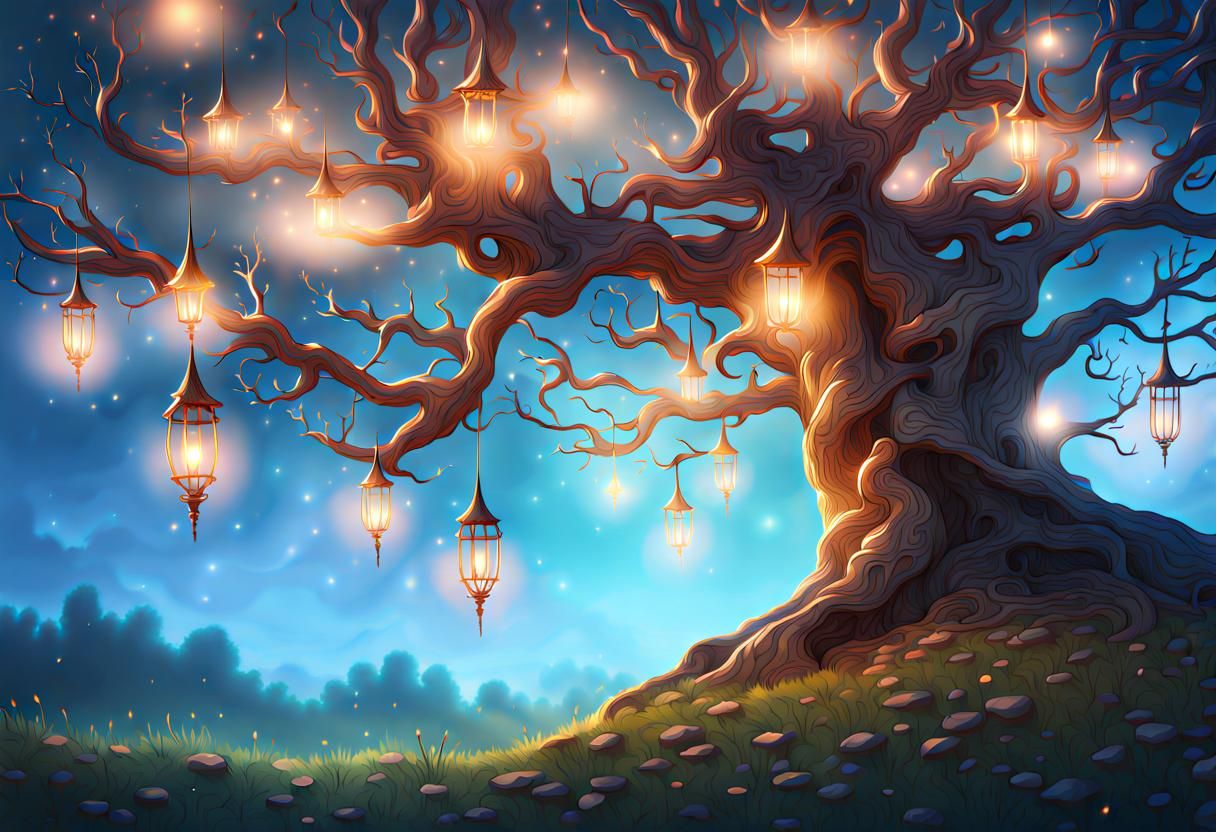 a magical fairy-tale tree with lights in its branches, dawn. futurism ...
