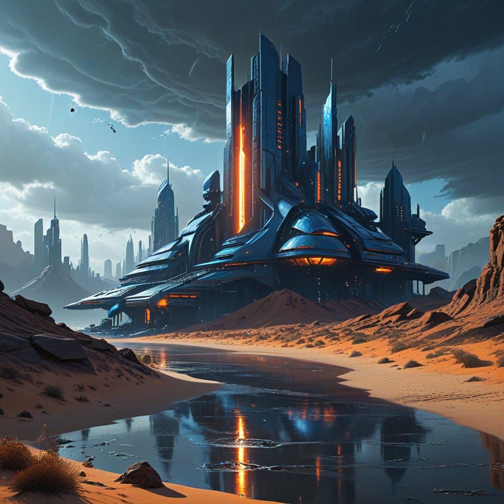 Futuristic Oasis City Emerging from Desert Sands - AI Art