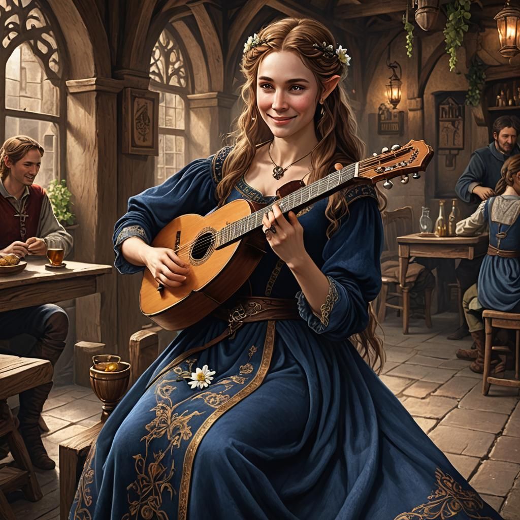 An elven lady playing the lute in a medieval style tavern. Her brown ...