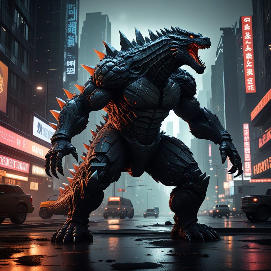 samourai godzilla - Cyberpunk Samurai Godzilla in Dystopian...