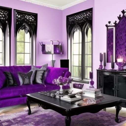 Ethereal gothic living room with black walls& black gothic windows with ...