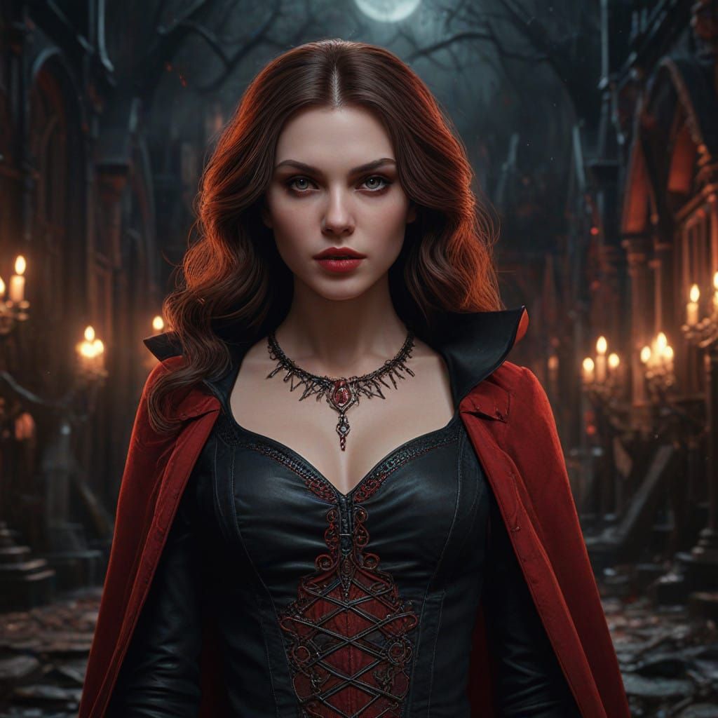 Vampire Goddess in Haunting Black and Red Attire - AI Art