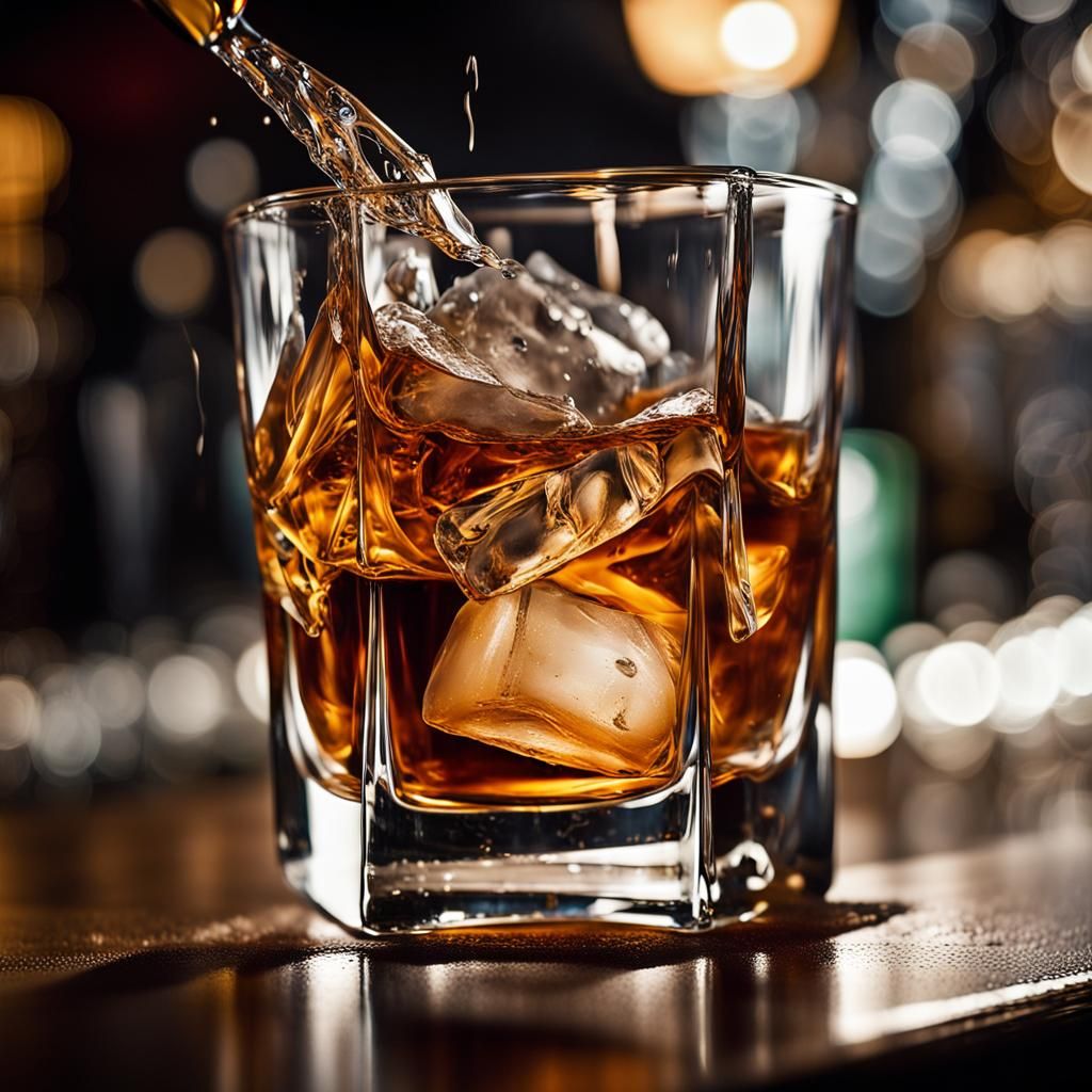 A bartender behind a cocktail bar counter throws an ice-cube into a ...