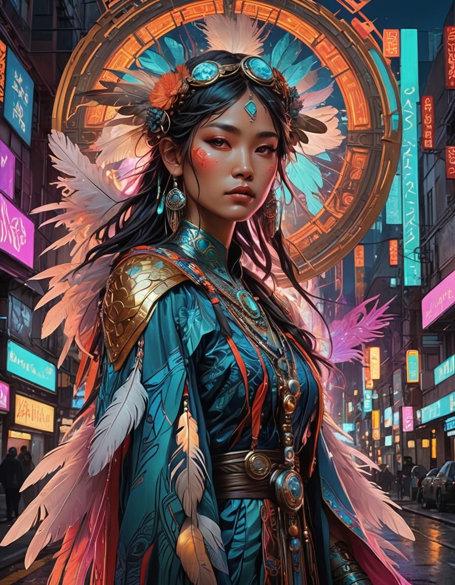 Native American Fae in Cyberpunk Cityscape, Art No... - AI Art