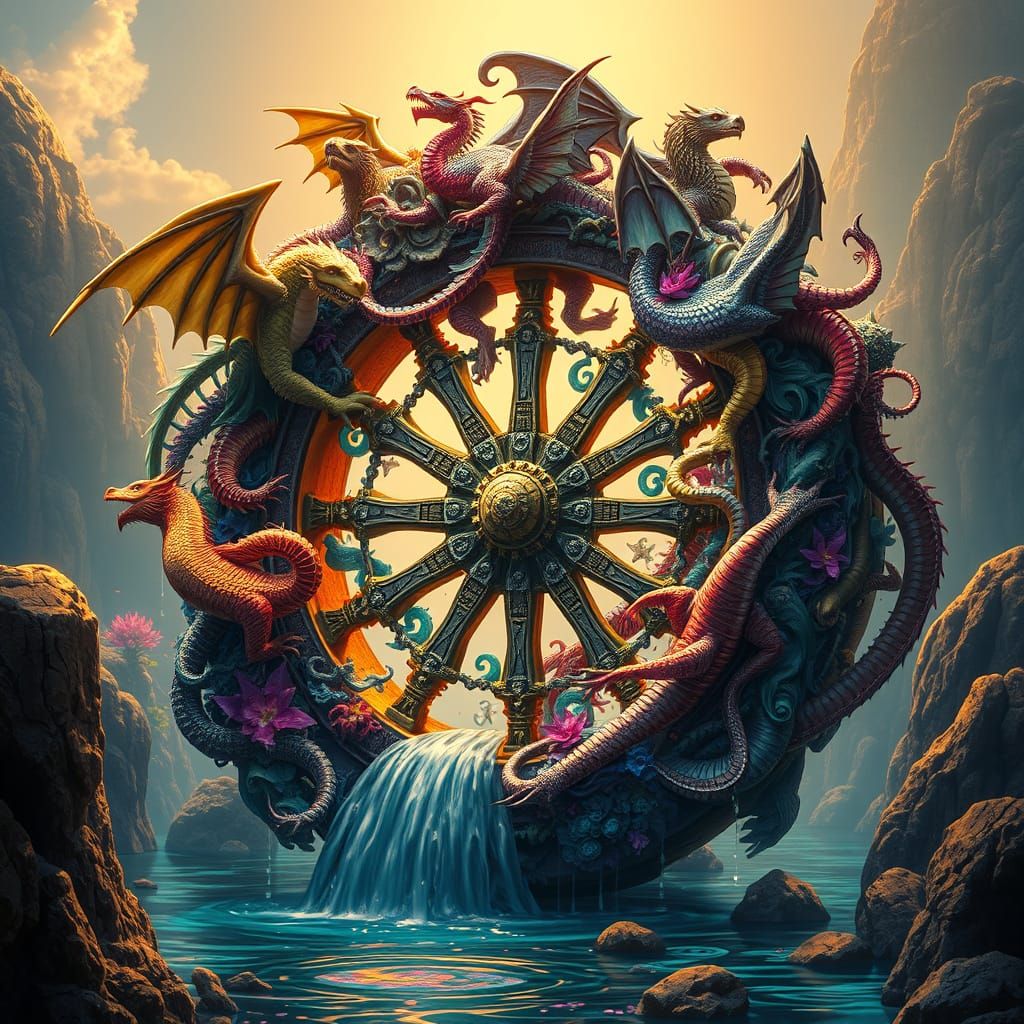 Fantasy Waterwheel Constructed from Mythical Creat... - AI Art