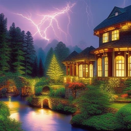 lights: antique: ultrarealistic: river: exotic: nebula: Thomas Kinkade ...