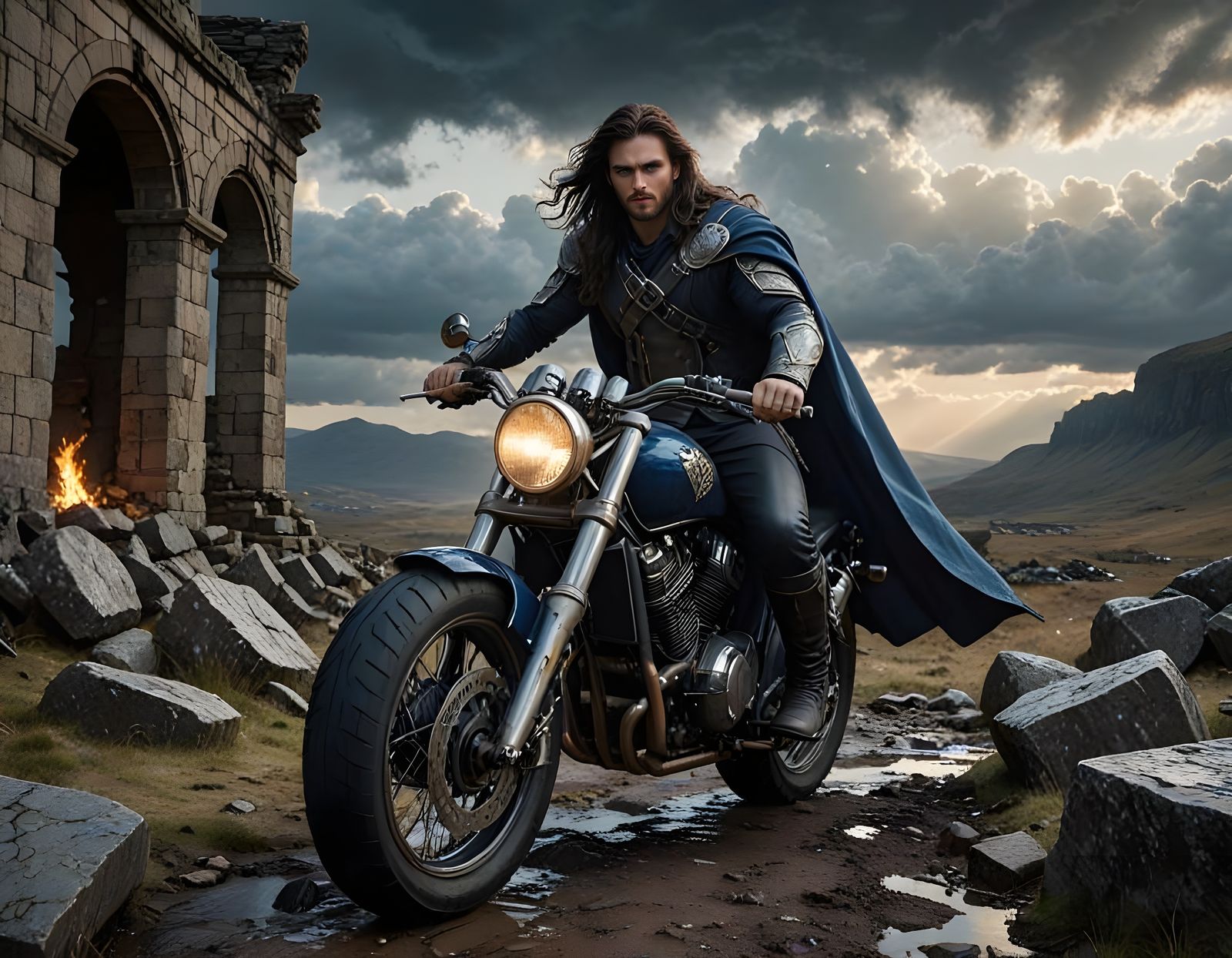 Wizard - Dark Fantasy Wizard Rides Motorcycle Through Ruins ...