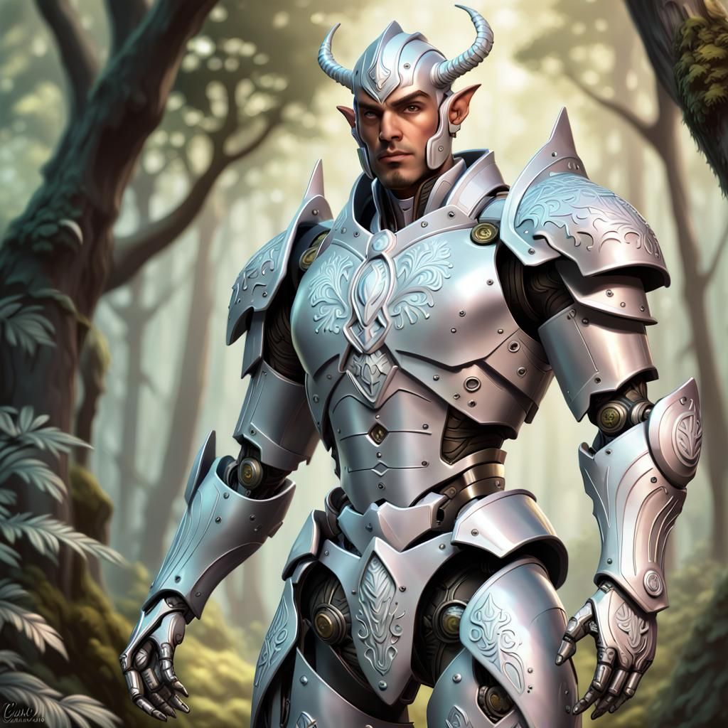 Eberron Fantasy Warforged handsome hunky fractal Robot man.full body portrait (pastel forest ...
