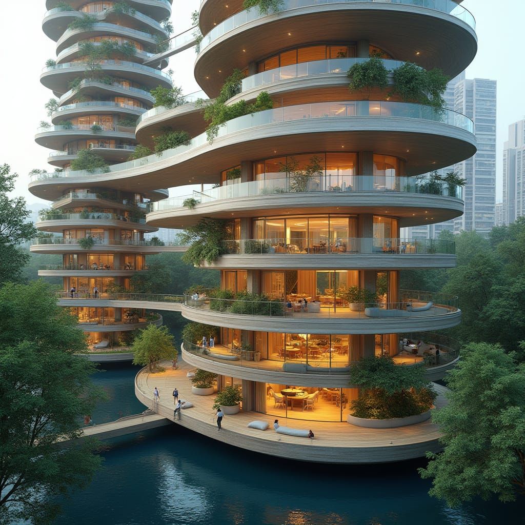 Semi-Circular Futuristic Buildings in Organic Arch... - AI Art