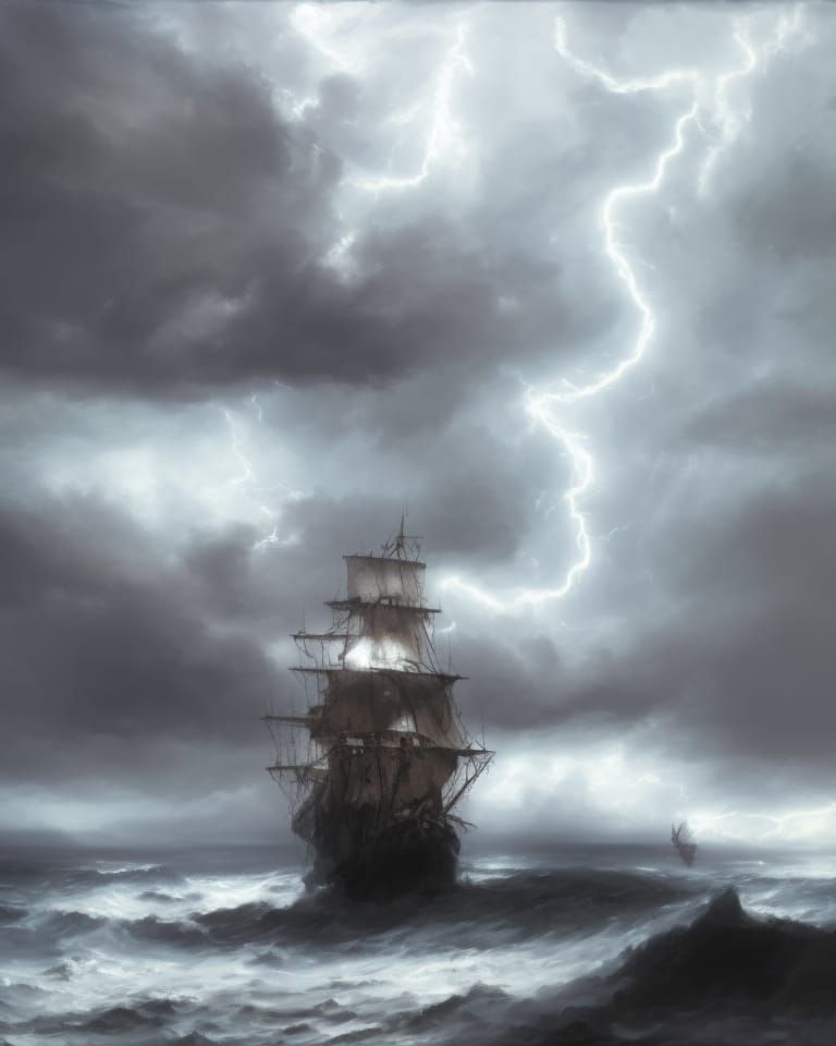 epic pirate ship on ocean in front of perfect epic electric storm at ...