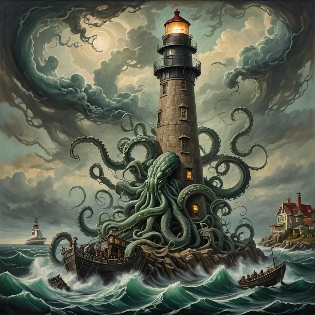 Huge Kraken wraped around a antique haunted lighthouse, oil painting ...