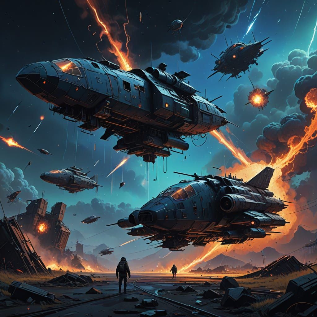 Dog fight of spaceships in space - Epic Space Battle in Neon...