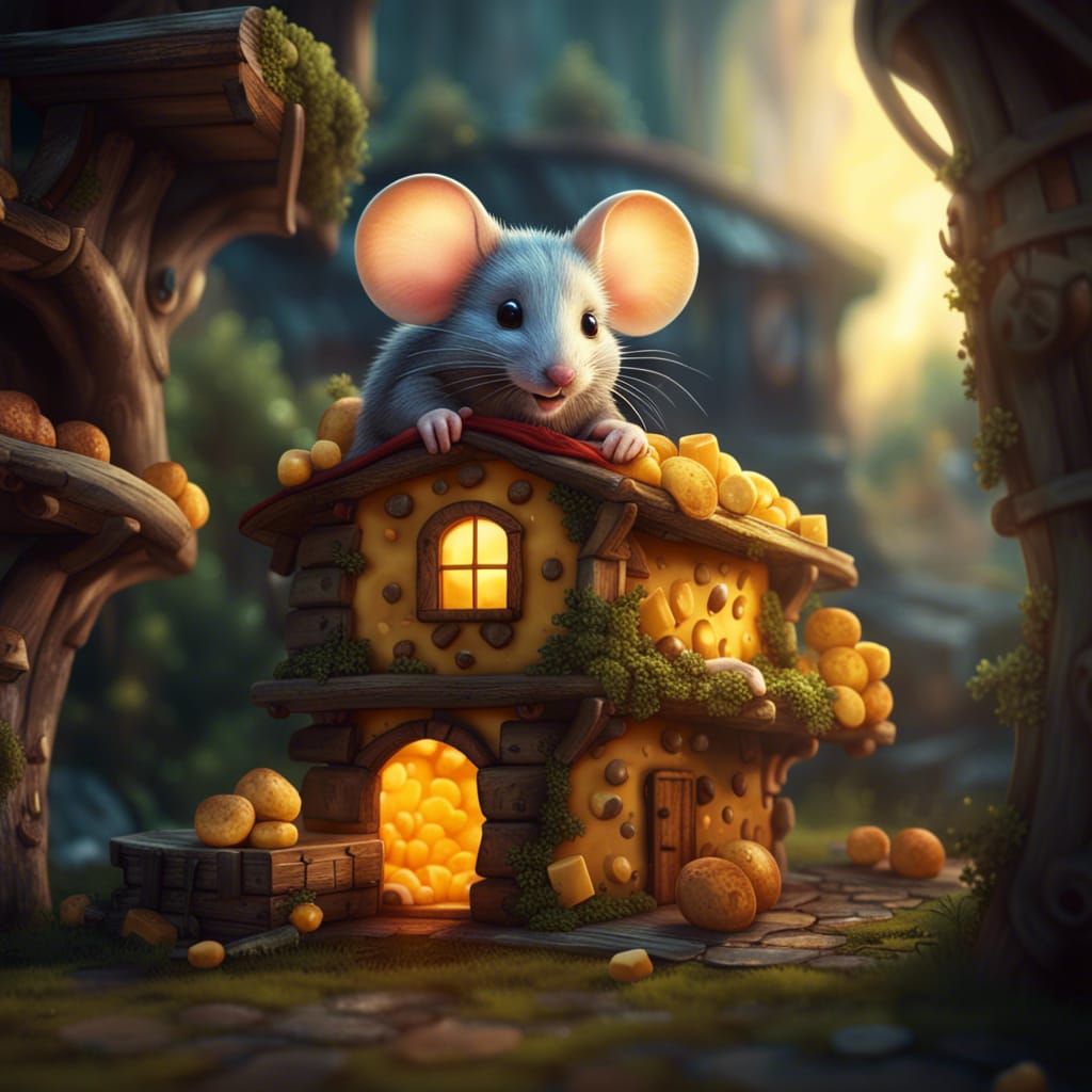 House made of cheese, cute mouse nibbling on the cheese house - AI ...